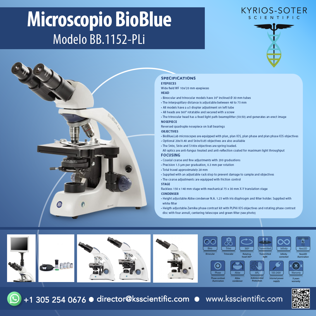 Microscope BioBlue Model BB.1152-PLi LED illumination – Kyrios Soter Scientific LLC